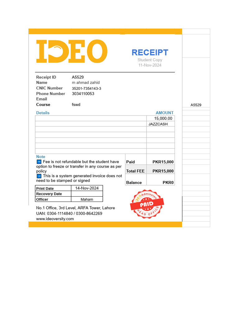 Receipt: Receipt ID Name CNIC Number Phone Number Email | PDF