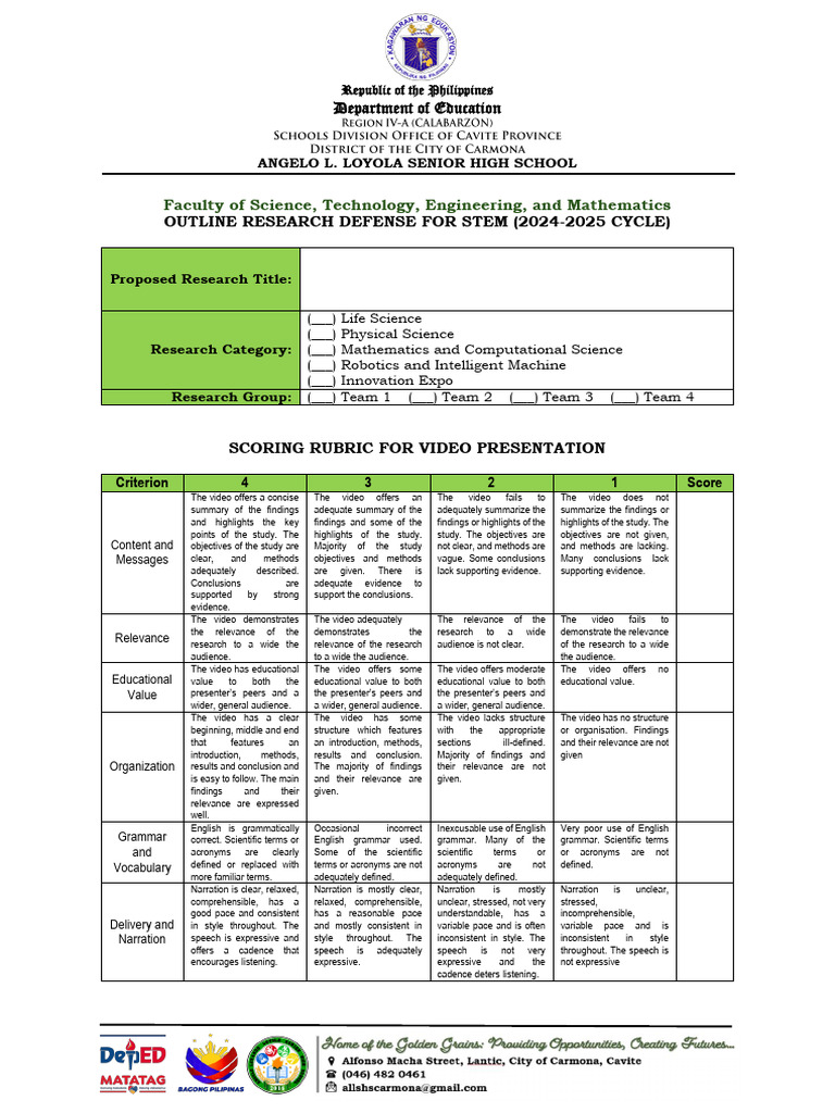 Scoring RUbric For Video Presentation | PDF | English Language | Video