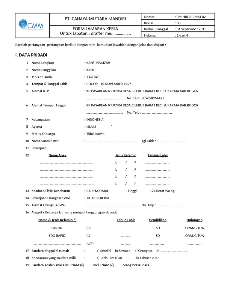 Form Lamaran Kerja - PT. CMM | PDF