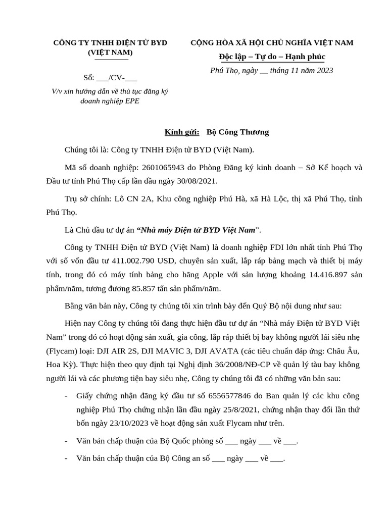 2023 11 15 - BYD - Cong Van Gui Bo Cong Thuong | PDF