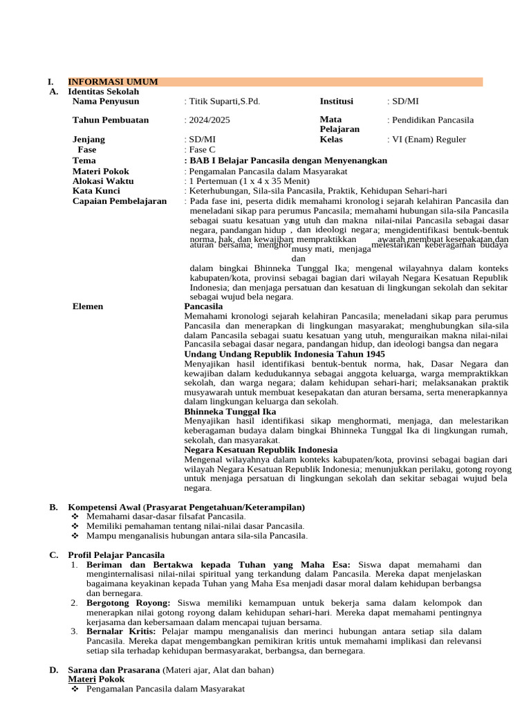 MODUL AJAR PKN KLS 6 Bab 1 | PDF