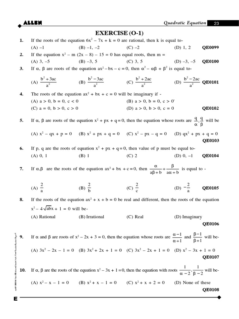 Allen All Sheets | PDF | Quadratic Equation | Equations