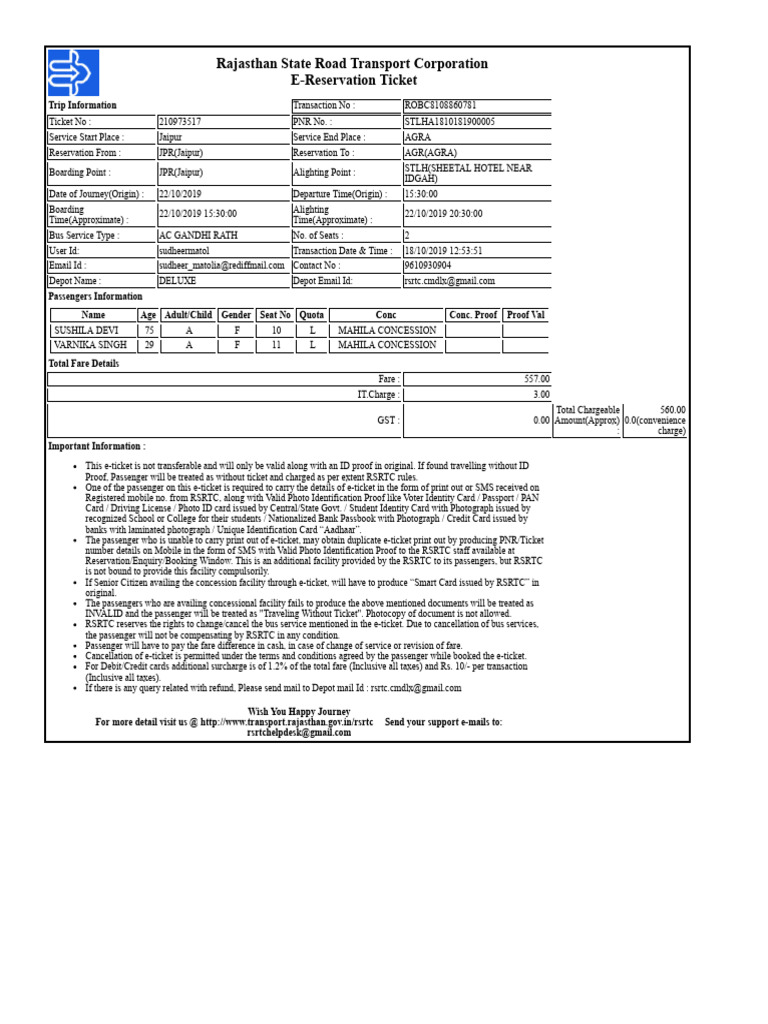 RSRTC E-Ticket Confirmation Details | PDF | Identity Document | Access Control