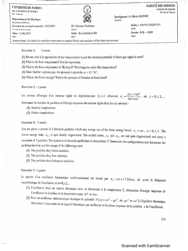 Correction Physique Statistique 2023 | PDF