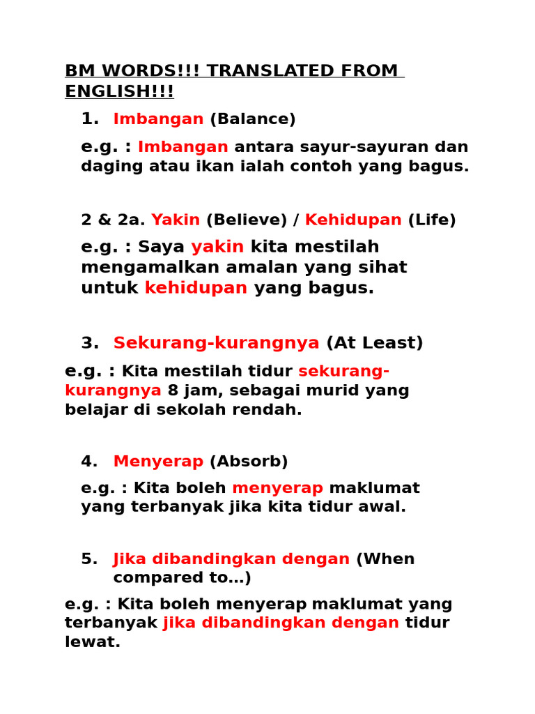 Kata-kata BM dan Contoh Penggunaannya | PDF | Seni & Disiplin Bahasa