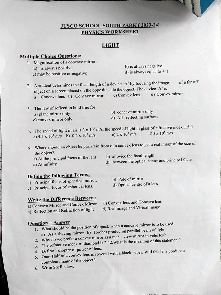 STD 10 Physics Worksheet | PDF | Mirror | Electrodynamics