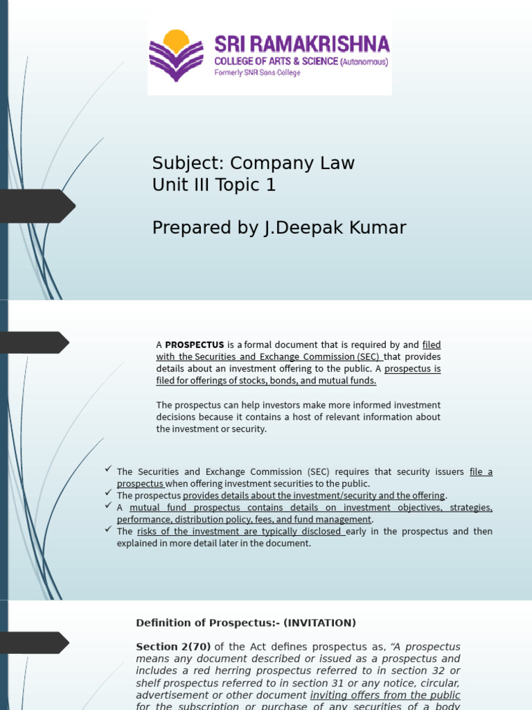 JD - Company Law - Topic 1 Prospectus & Types | PDF | Securities ...