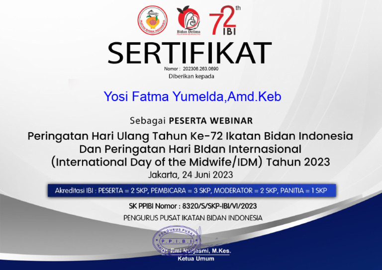 Sertifikat HUT 72 Yosi Fatma Yumelda, Amd - Keb | PDF