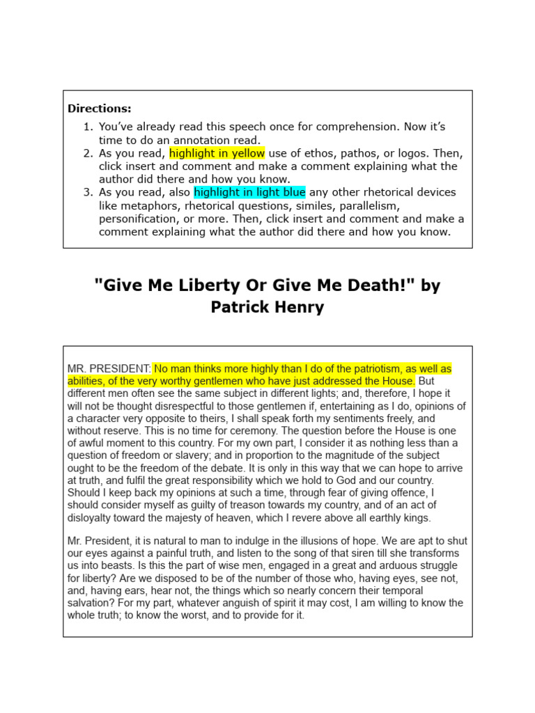 Annotate - Give Me Liberty or Give Me Death | PDF | Rhetoric