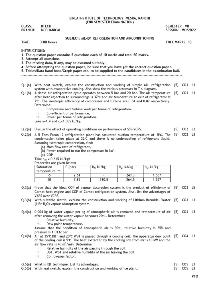 Me401 Refrigeration and Airconditioning (End - Mo22) | PDF | Refrigeration | Air Conditioning