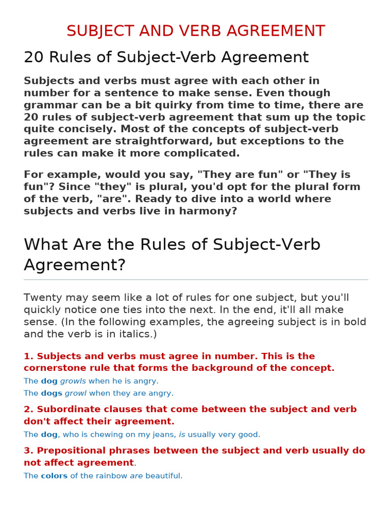Subject and Verb Agreement - Rules | PDF | Grammatical Number | Subject ...