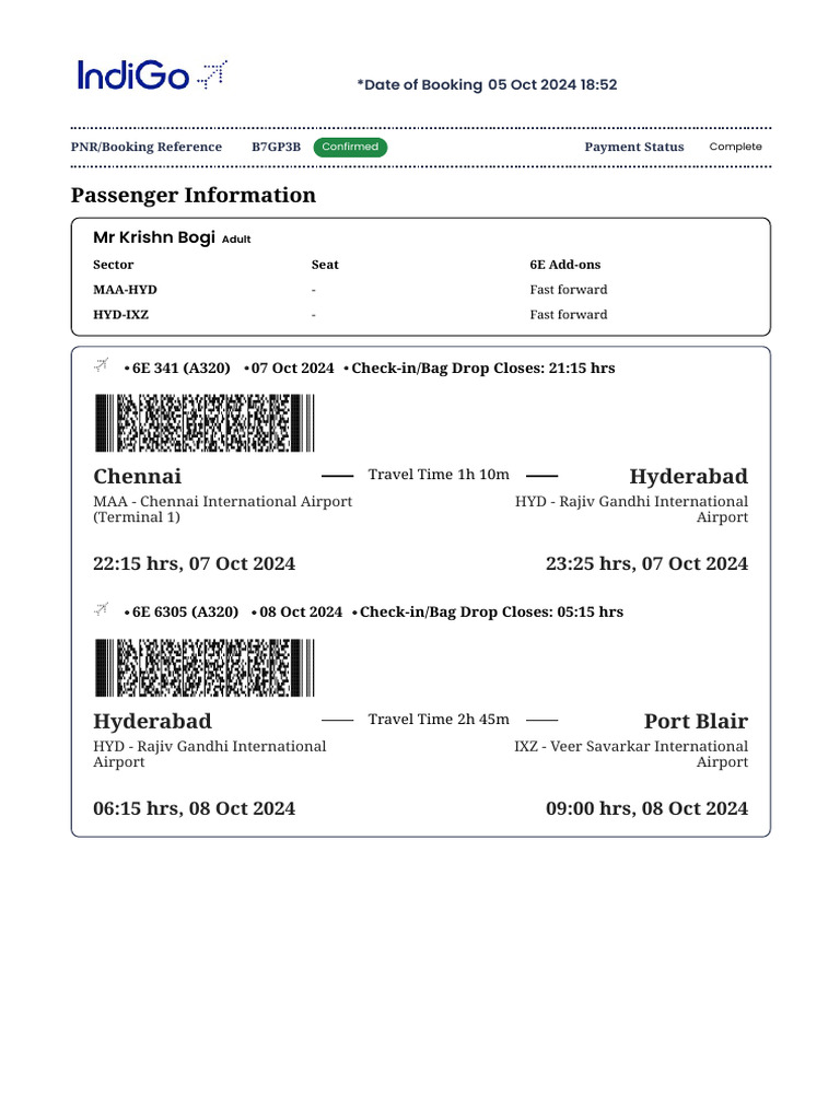 IndiGo MAA TO IXZ | PDF