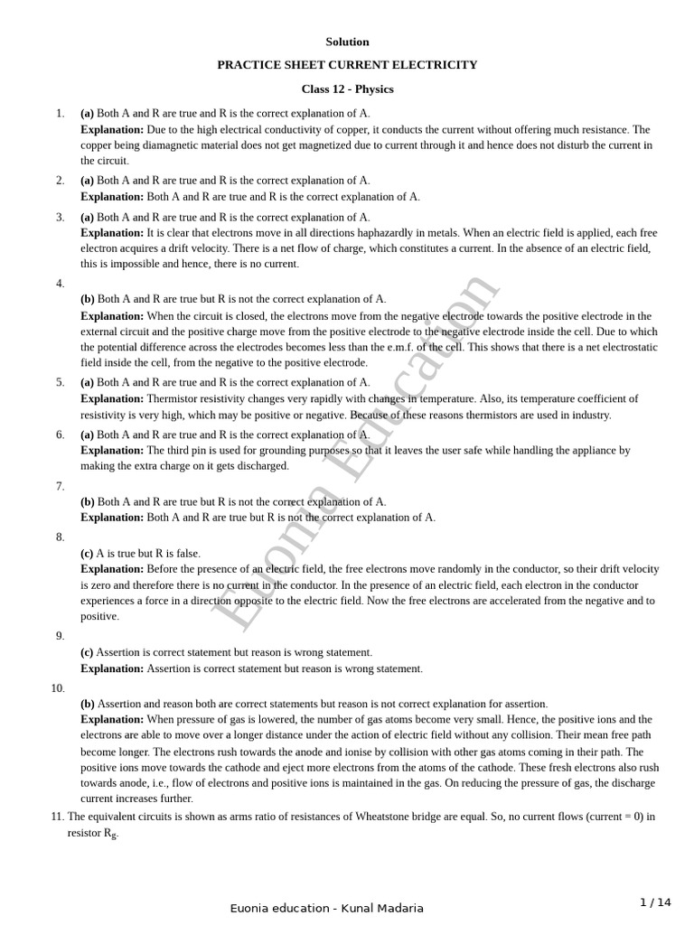 Current Electricity Practice Sheet Solution - 476b055b Ef0c 4507 8a72 646f08b7396b | PDF ...