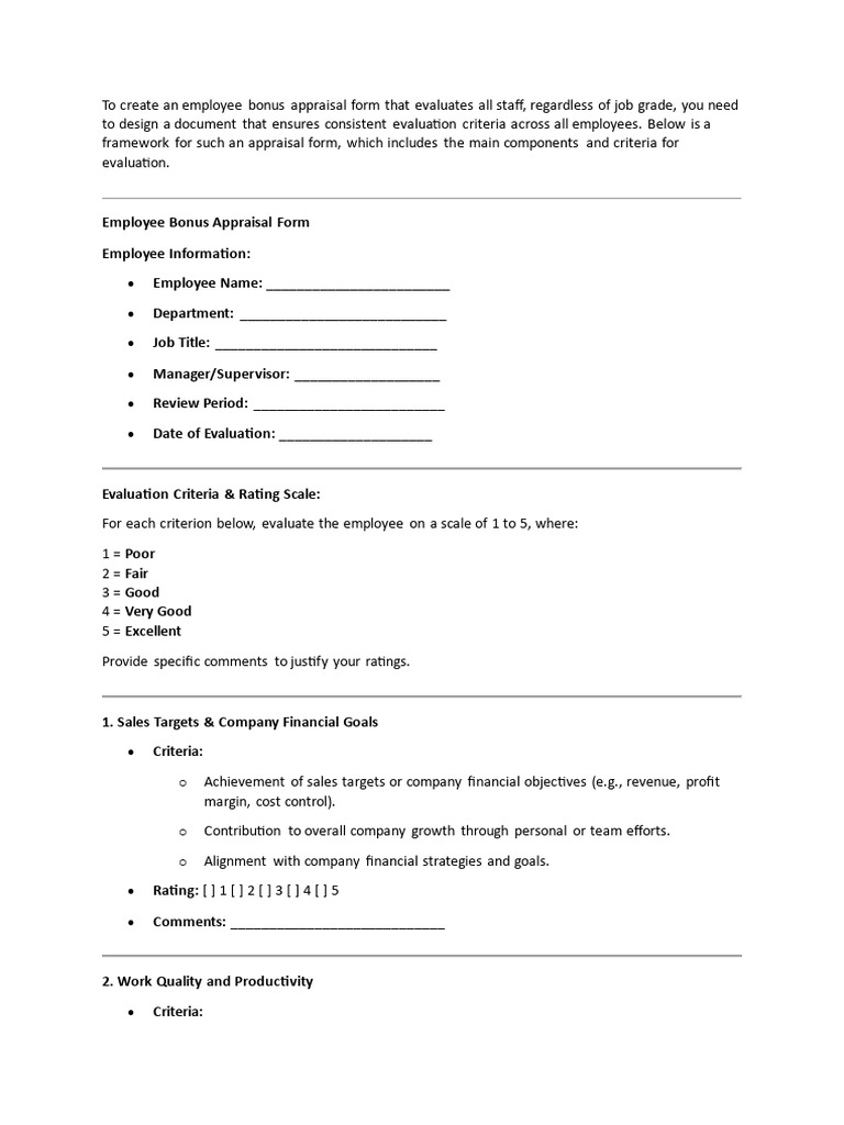To Create An Employee Bonus Appraisal Form That Evaluates All Staff ...