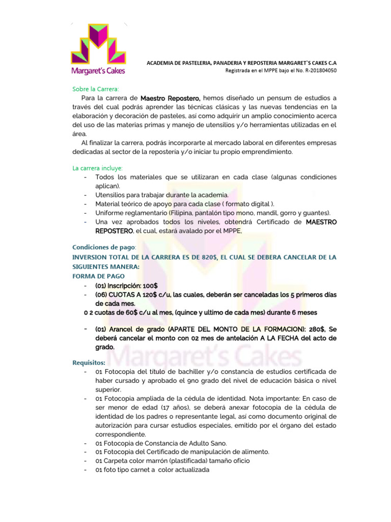 Formato Informacion Carrera Maestro Repostero APPR - MC | PDF ...