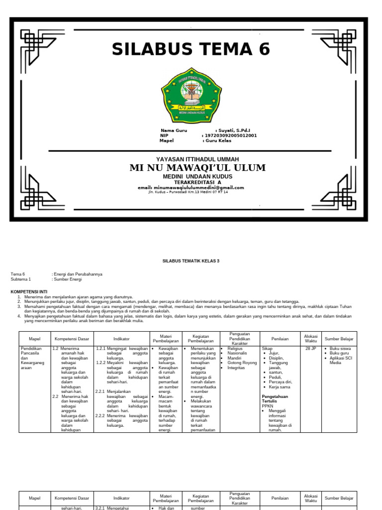 Silabus Kelas 3 Tema 6 | PDF