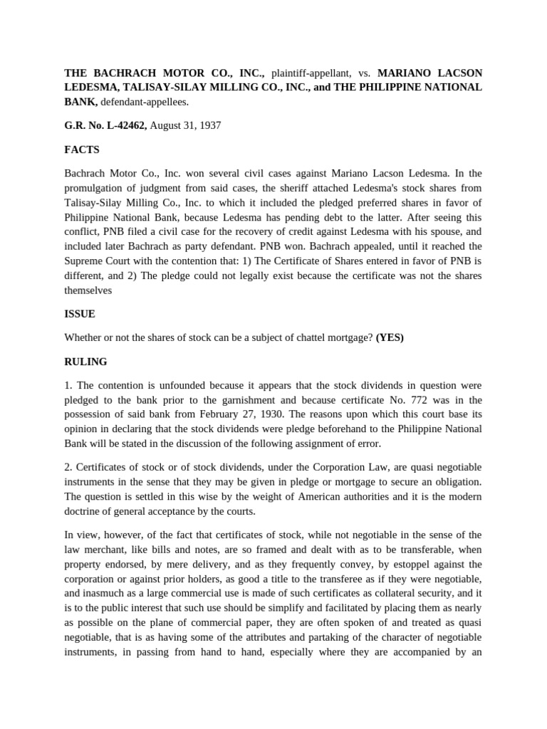Bachrach Motor Co. vs. Ledesma Case Summary | PDF | Stocks | Business Law