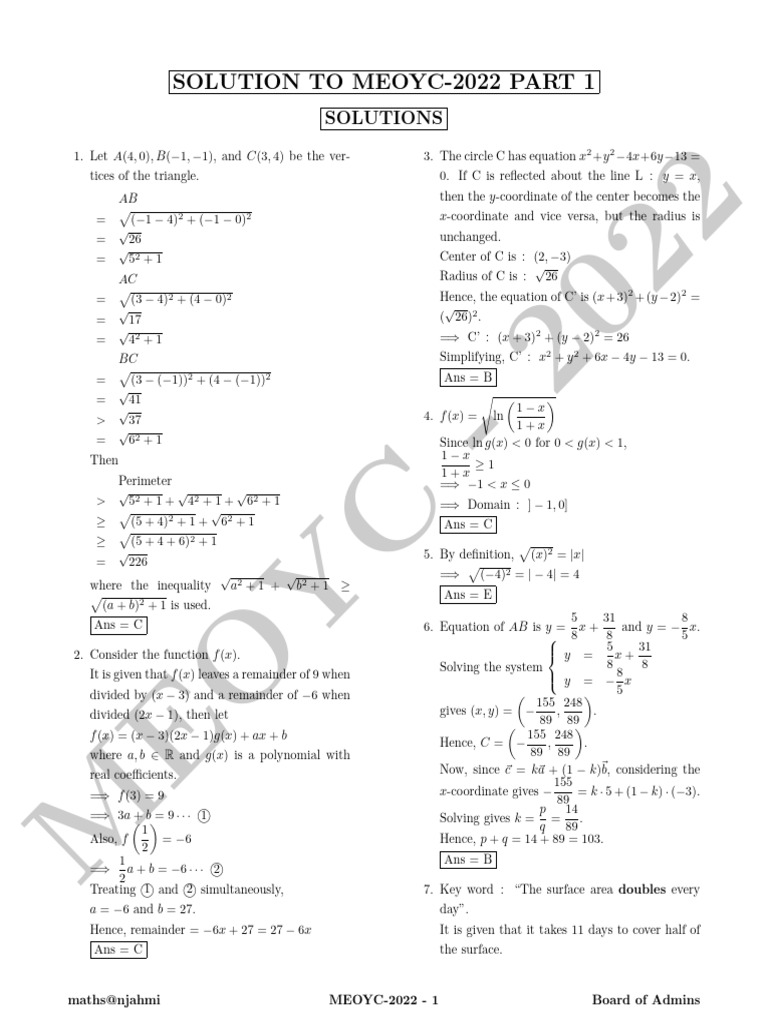 Meoyc 2022 Part 1 Solution | PDF | Square Root | Elementary Mathematics