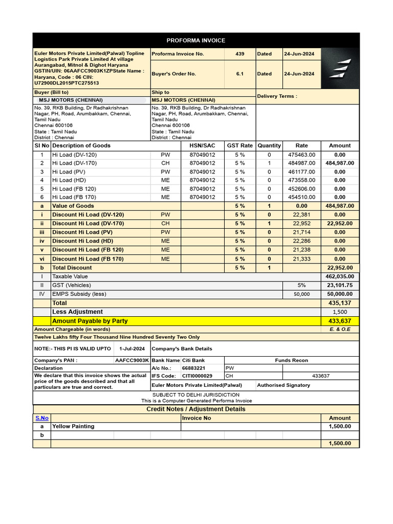 Dealer PI (EMPS) - MSJ Chennai June 2nd Order | PDF | Taxation | Payments