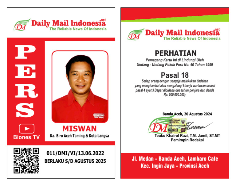 ID Card Daily Mail - Miswan | PDF