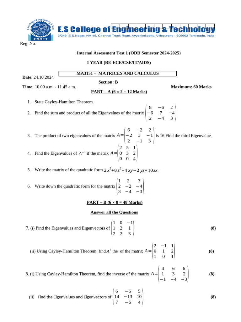 MA3151 - Maths Section - B | PDF | Eigenvalues And Eigenvectors | Matrix (Mathematics)