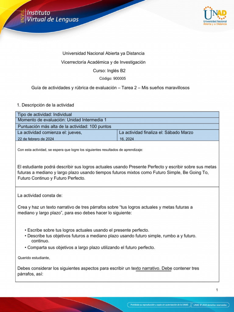 Activity Guide and Evaluation Rubric - Unit 1 - Task 2 - My Wonderful Dreams | PDF