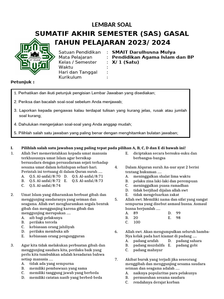 Soal Sas Pai KLS X 2023 | PDF