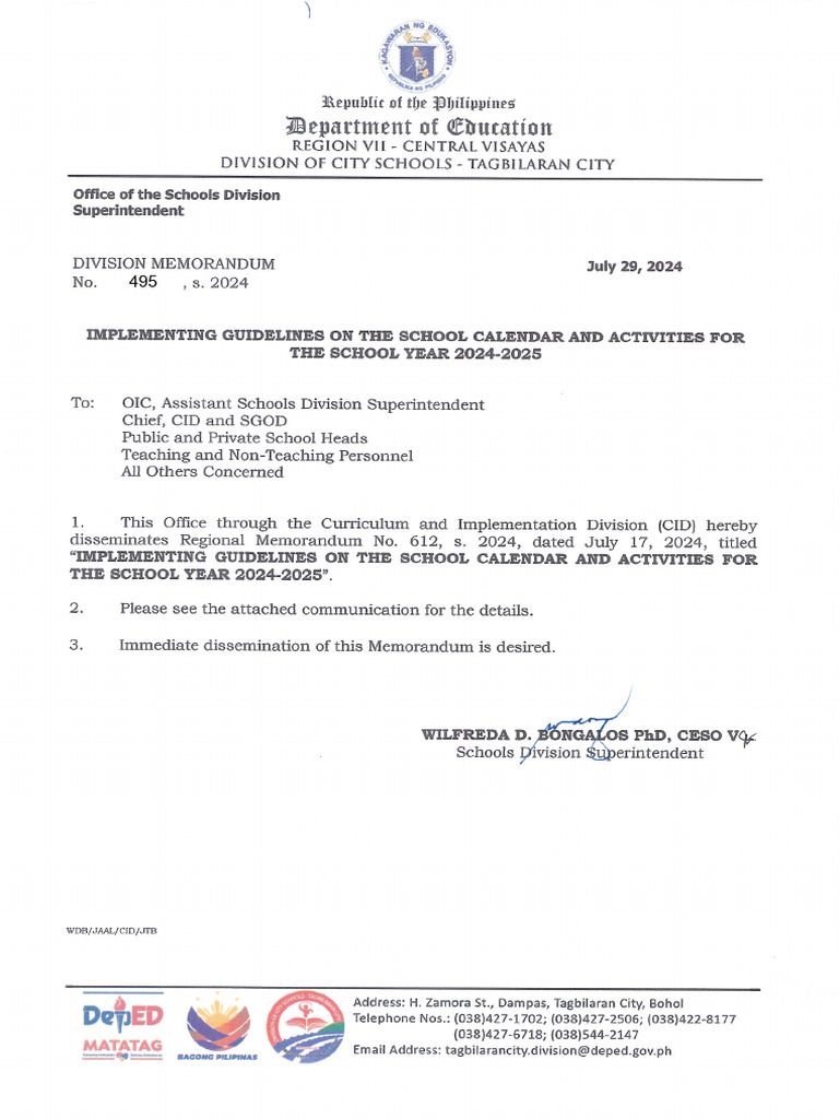 DM No. 495 S. 2024 Implementing Guidelines On The School Calendar and ...
