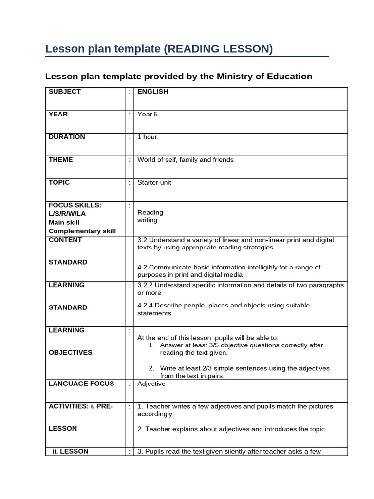 Lesson Plan Reading Year 5 | PDF | Lesson Plan | Teachers