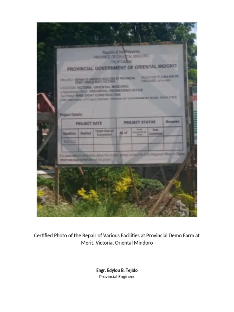 Certified Photo of The Repair of Various Facilities at Provincial Demo ...