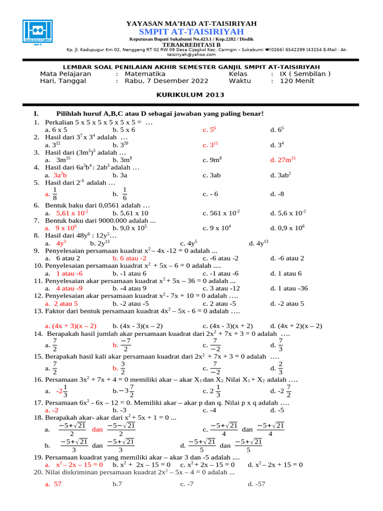 Soal MTK 9 Ganjil 2021 | PDF | Metode & Bahan Ajar