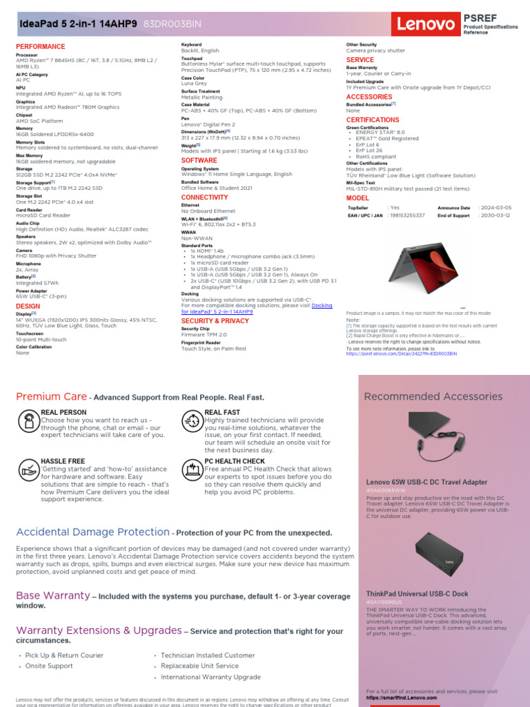 IdeaPad 5 2 in 1 14AHP9 83DR003BIN | PDF | Usb | Electronics