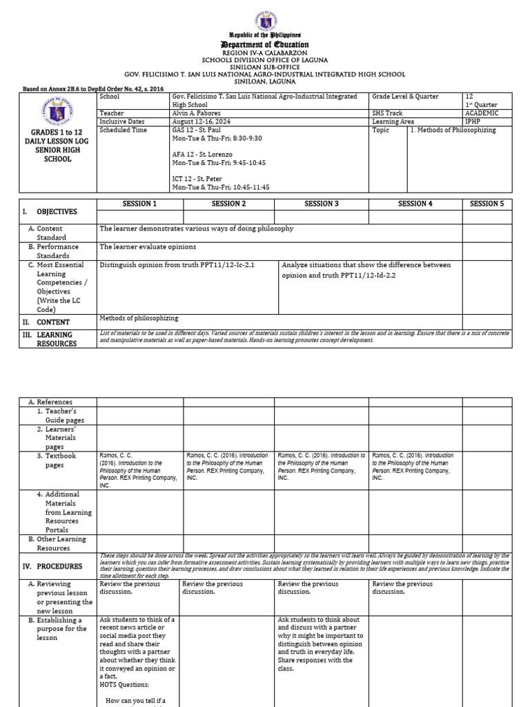 SHS-DLL-Weekly-week 3 Q1 Iphp 24 25 | PDF | Learning | Truth