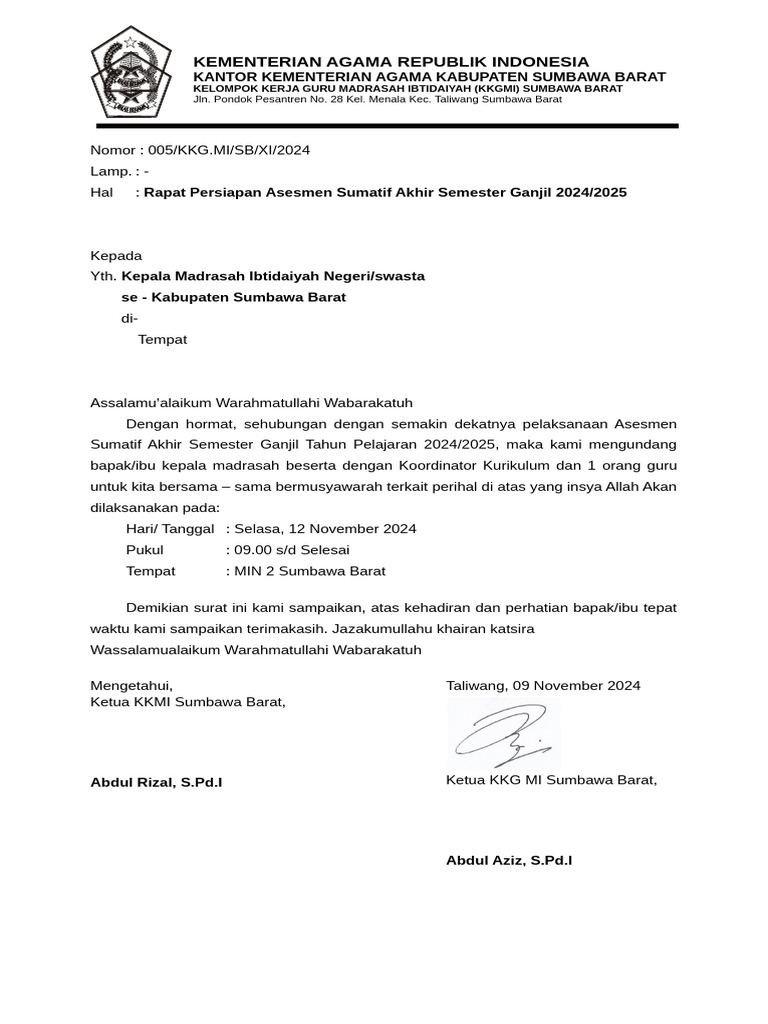 Surat Undangan Rapat Pembentukan Pengurus KKG | PDF