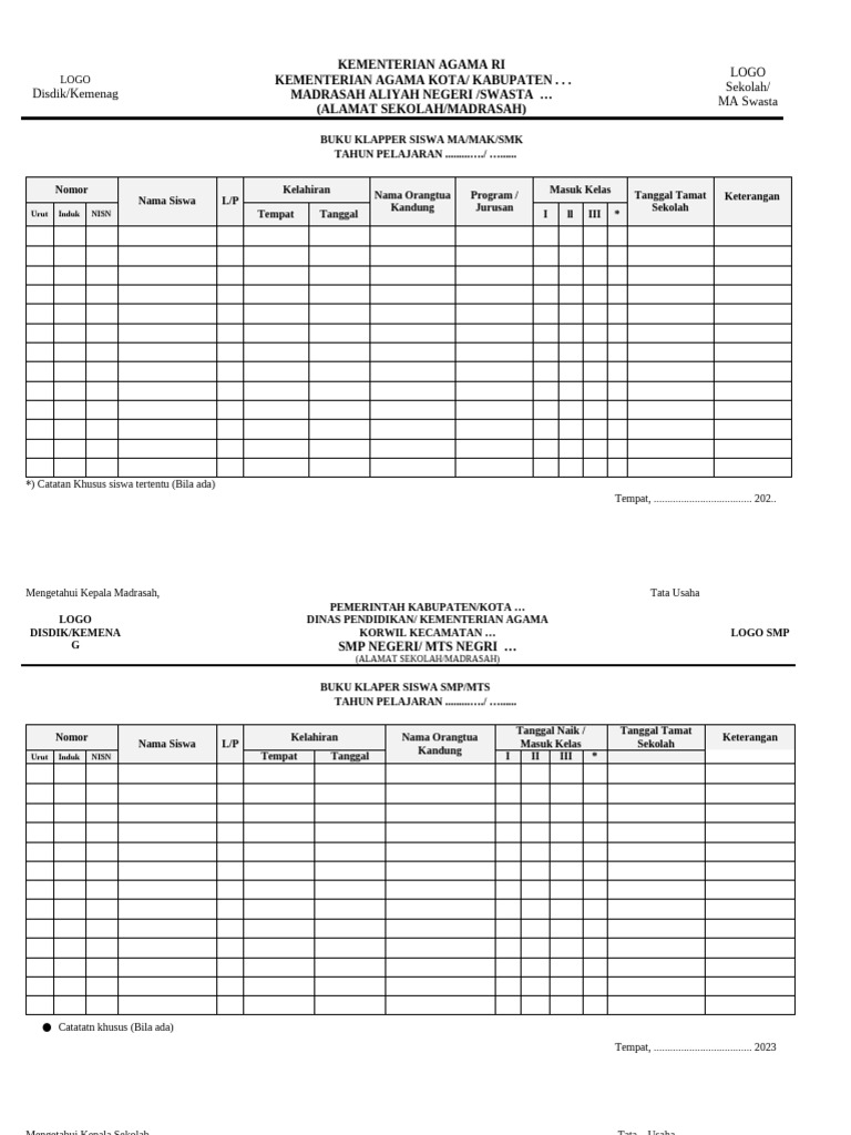 Contoh Format Buku Klaper Siswa Smp-Mts-Sma-Smk | PDF