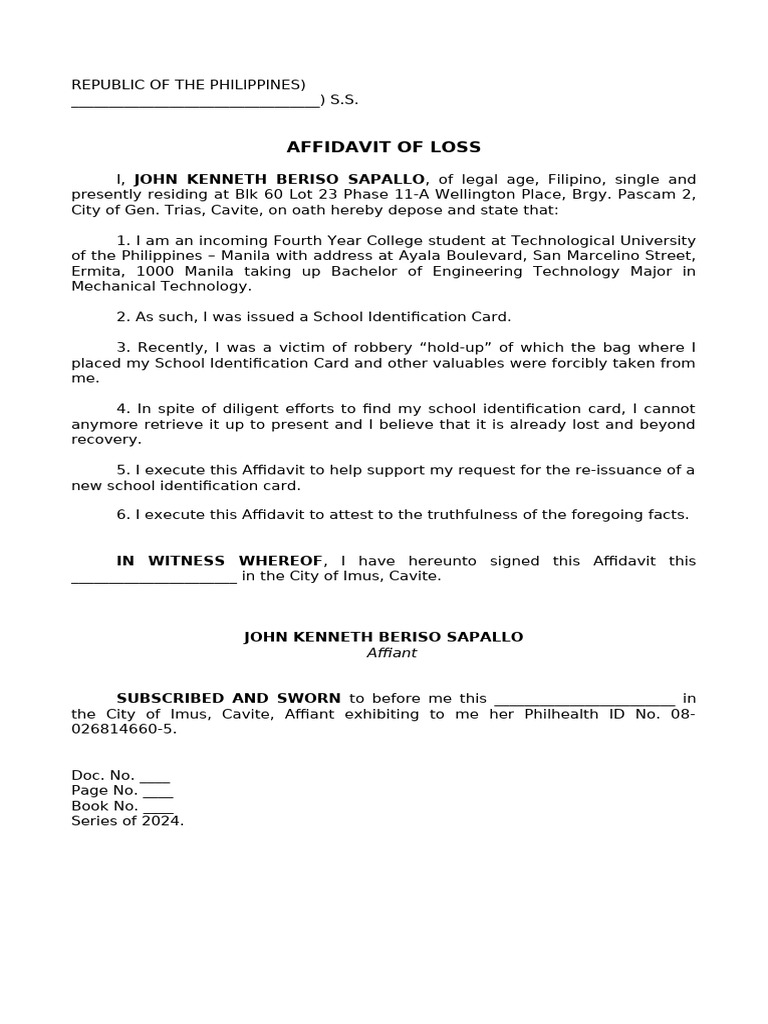 Affidavit of Loss School Id | PDF
