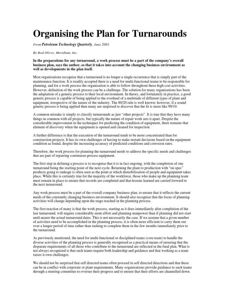 Turnaround Plan | PDF | Audit | Reliability Engineering