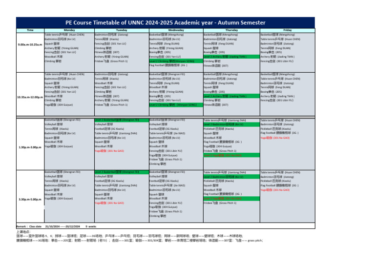 2024-2025 S1 - PE Course Timetable | PDF