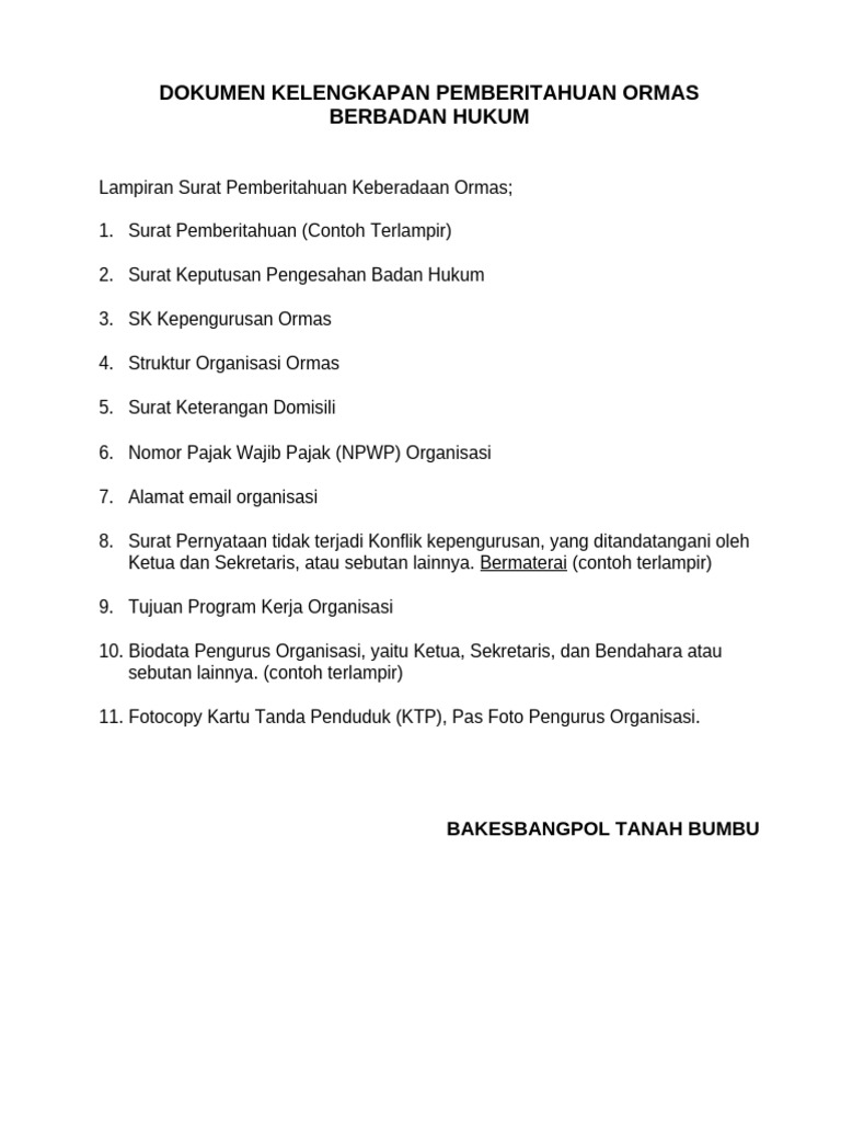 Dokumen Kelengkapan Pemberitahuan Ormas Berbadan Hukum | PDF