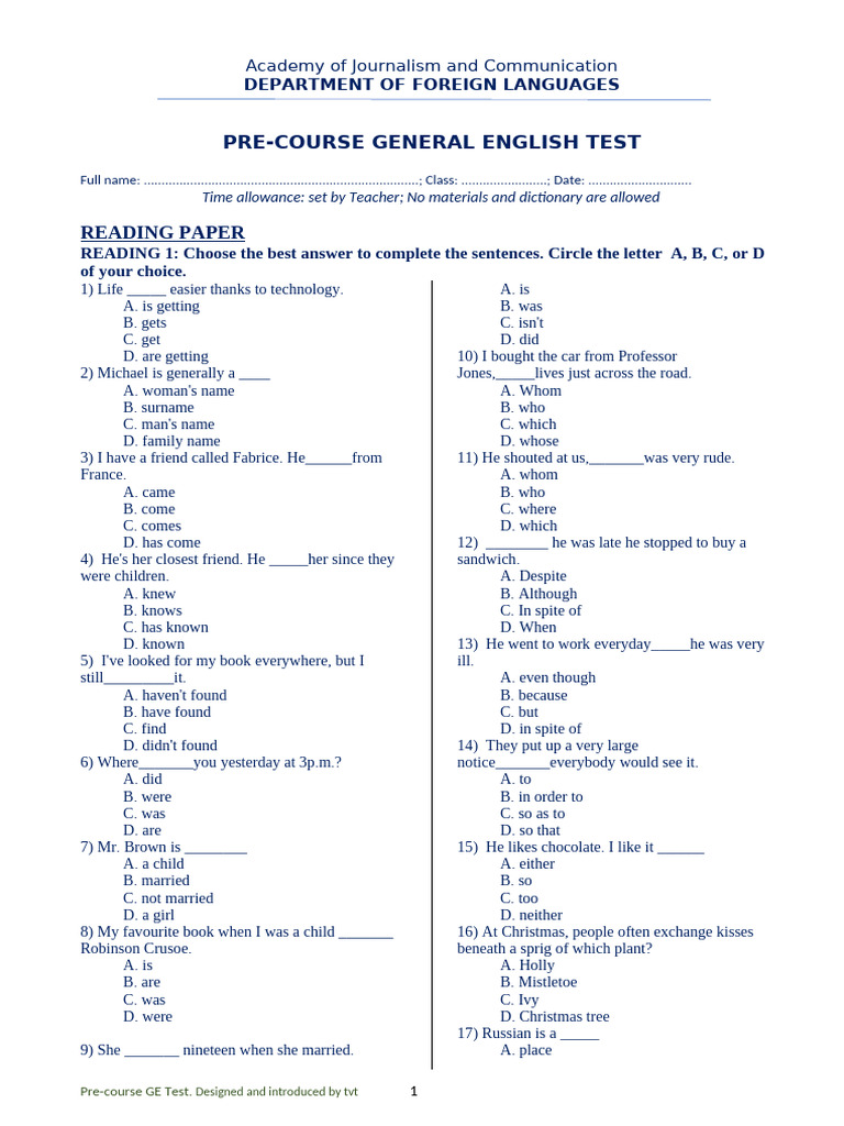 Pre Course Test GE3 K43.-8.2024 | PDF | Battle Of Bannockburn