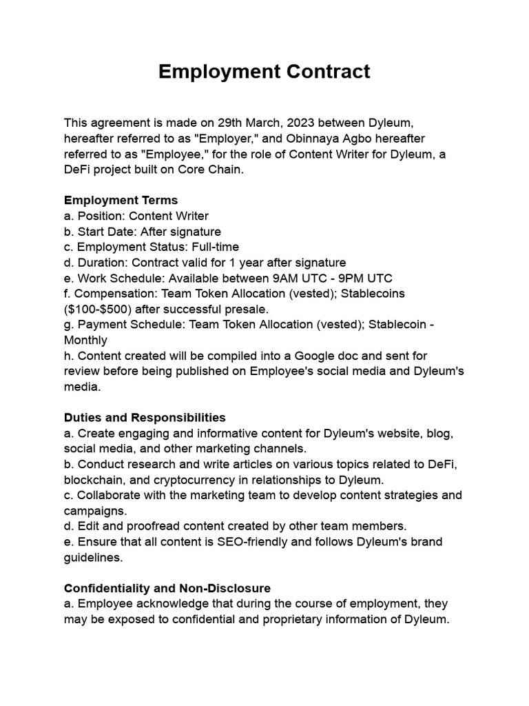 Employment Contract For Content Writer | PDF | Employment | Non ...