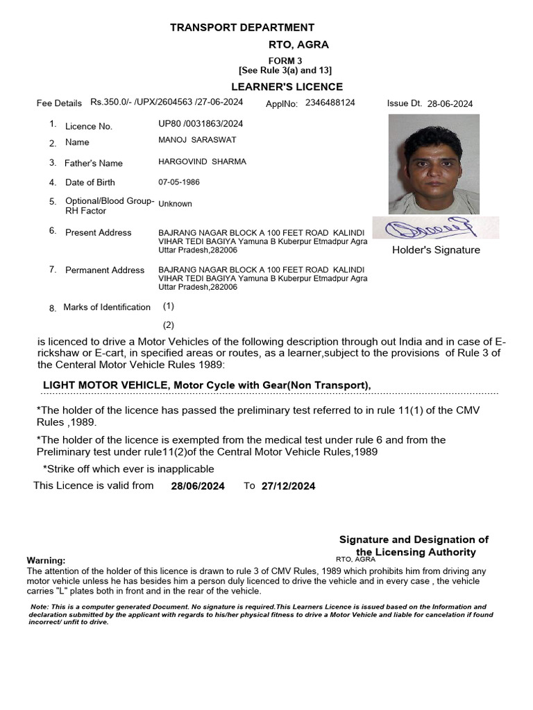 Rto, Agra Transport Department: Form 3 (See Rule 3 (A) and 13) | PDF ...