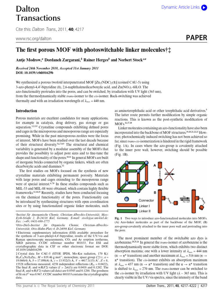 The First Porous MOF With Photoswitchable Linker Molecules | PDF ...