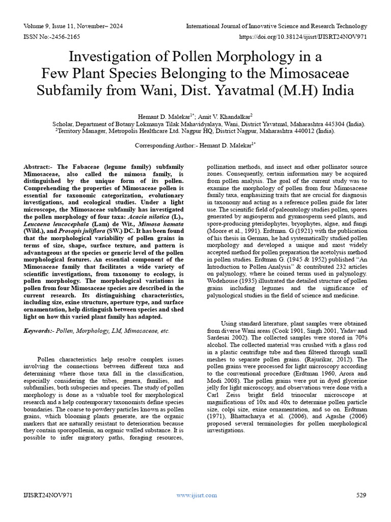 Investigation of Pollen Morphology in A Few Plant Species Belonging To ...