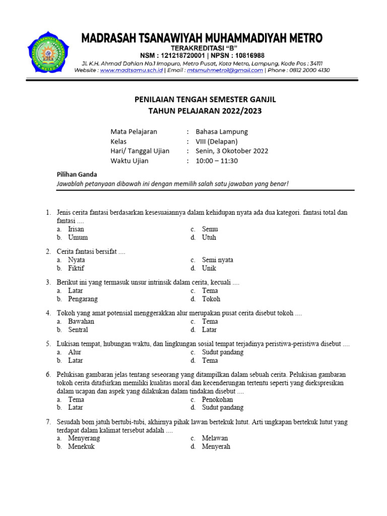 PTS B. Indo Kelas 7 Ganjil 2022 | PDF