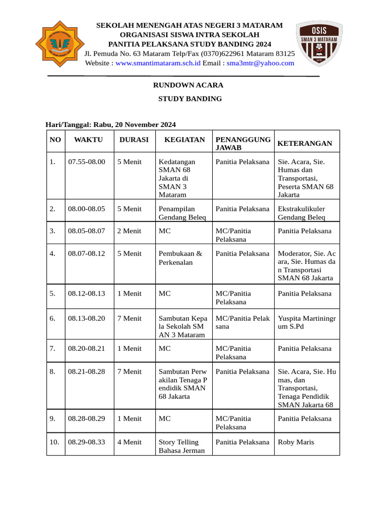 Rundown Acara Study Banding Sma 68 | PDF