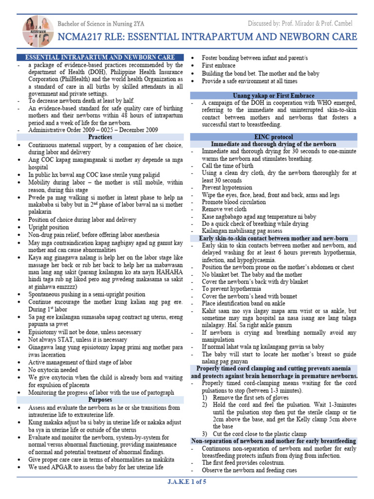 WK9 - Essential Intrapartum and Newborn Care RLE | PDF | Infants | Childbirth