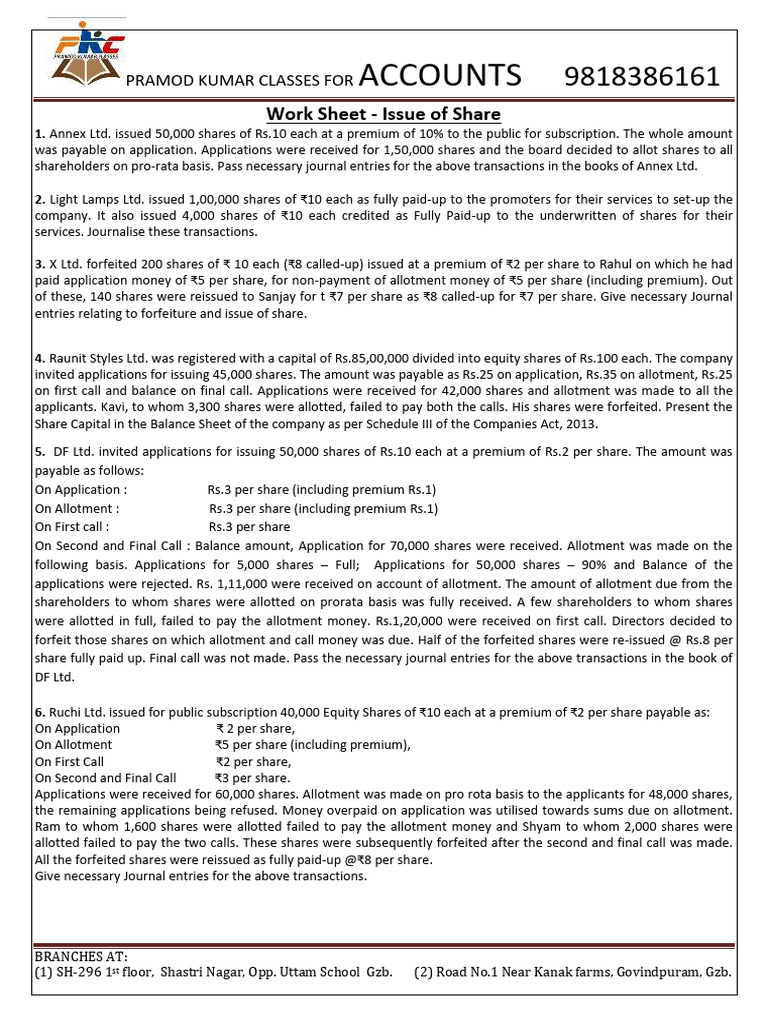 Work Sheet - Issue of Share | PDF | Equity (Finance) | Financial Markets