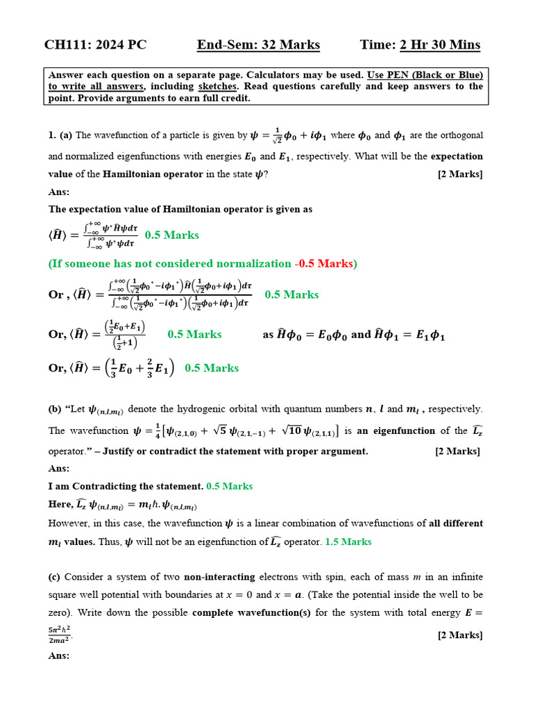 CH111 2024 Endsem 32marks Final Model Answer | PDF | Wave Function | Atomic