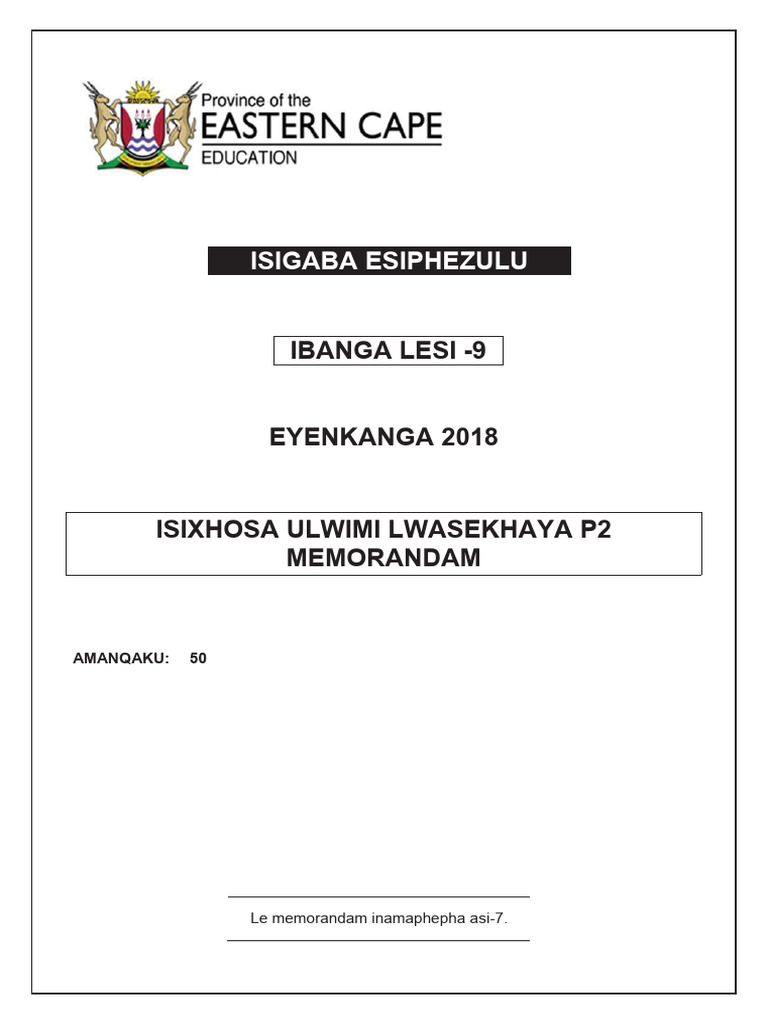 Xhosa HL P2 GR9 Memo Nov2018 D | PDF | South Africa | Languages